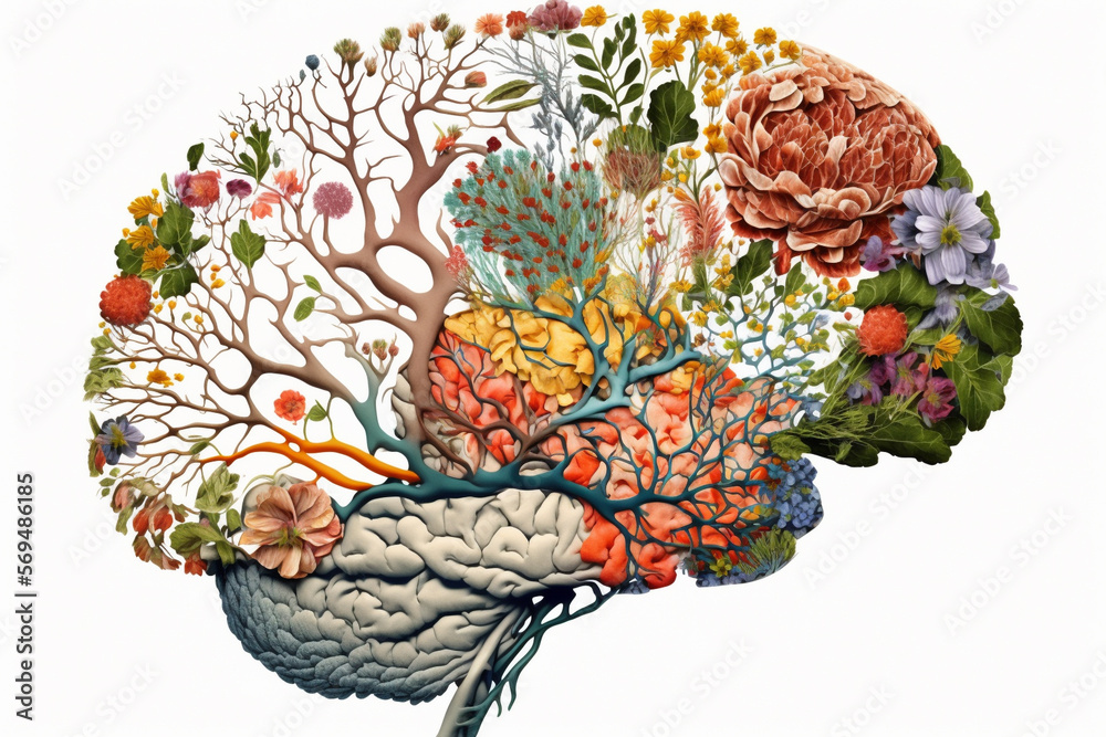 Human brain with spring flowers, symbolising mental health and self ...