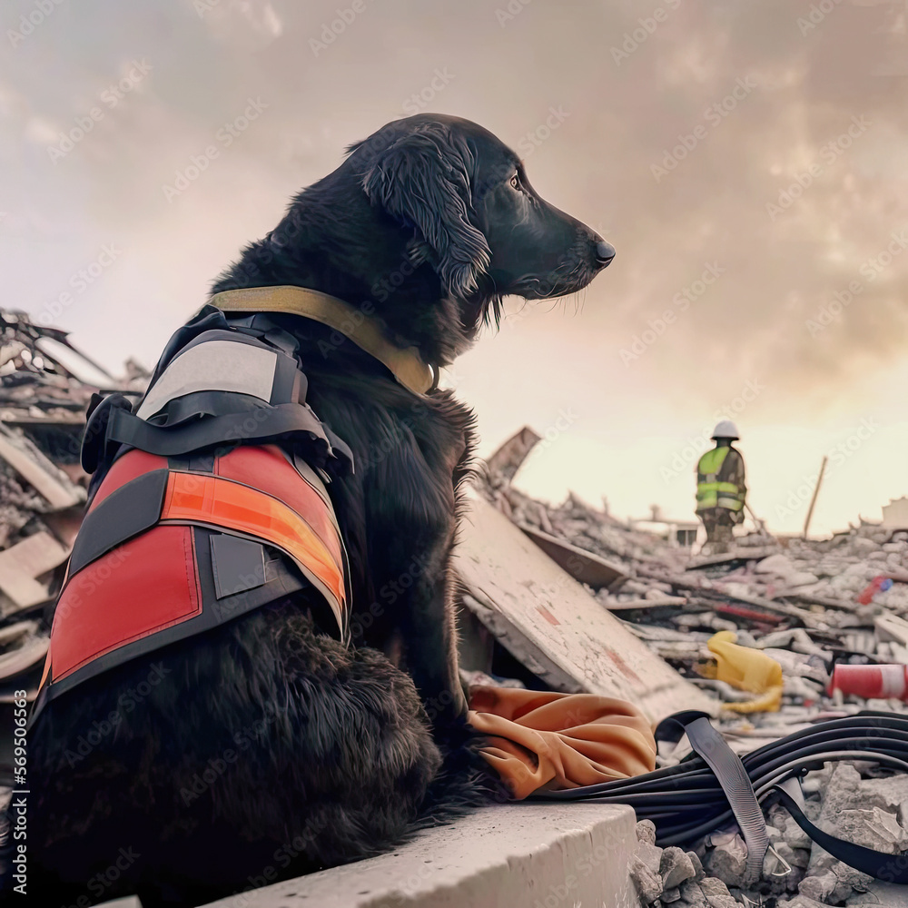 Rescue dog on the rubble of a devastated city following a catastrophic ...