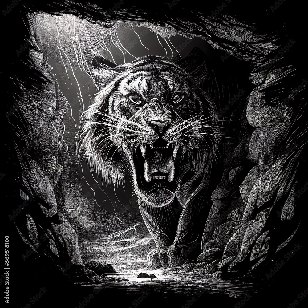 Saber-toothed tiger emerges from a cave baring its fangs, black and ...