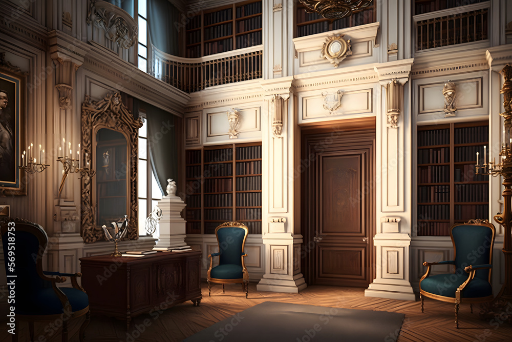 French renaissance palace interior. King and Queen royal study, royal ...