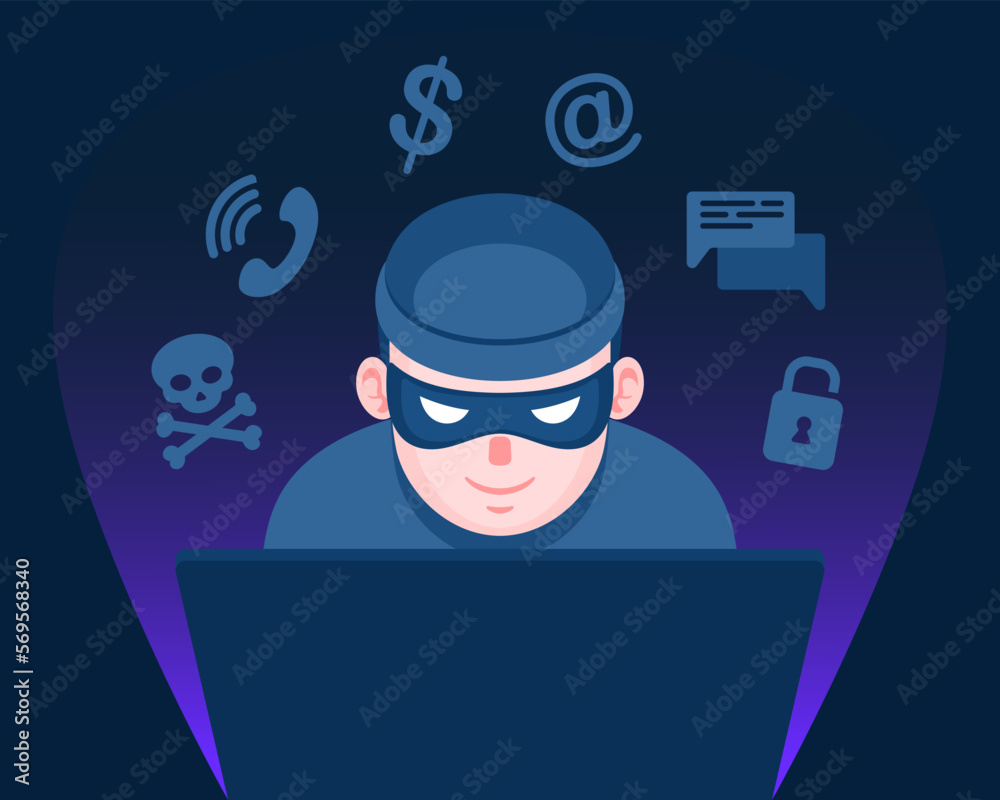 Online crime concept. Hacker behind a laptop monitor. Phishing and ...