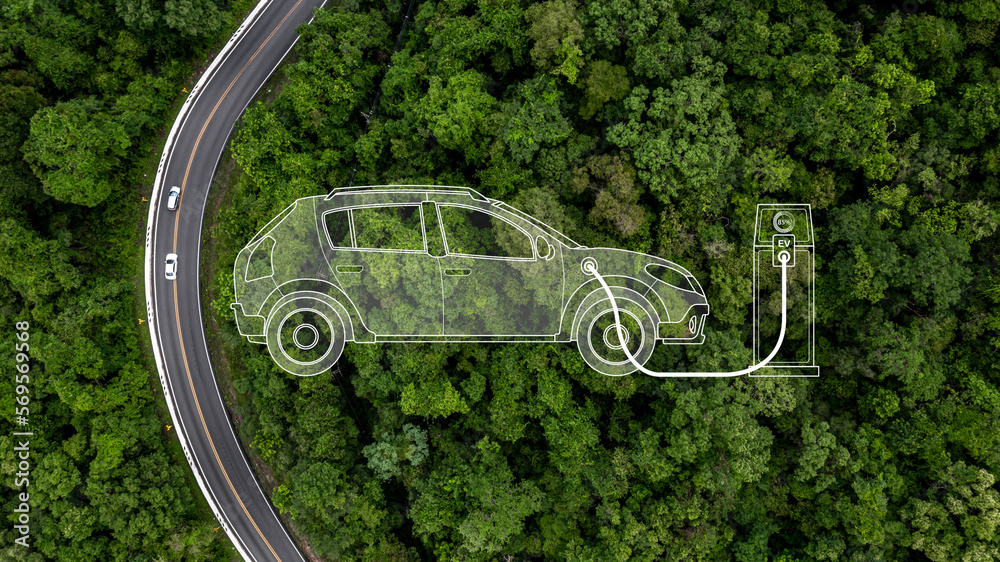 Eco car on forest road with earth planet going through forest ...