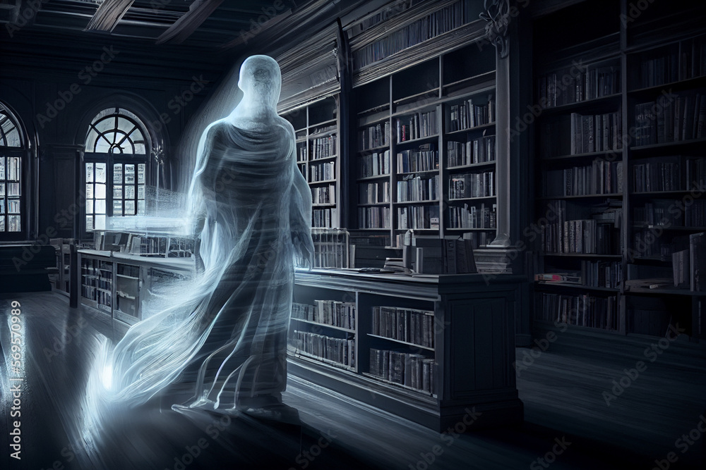 Library ghost. A lonely ghost girl stands in an old abandoned house ...