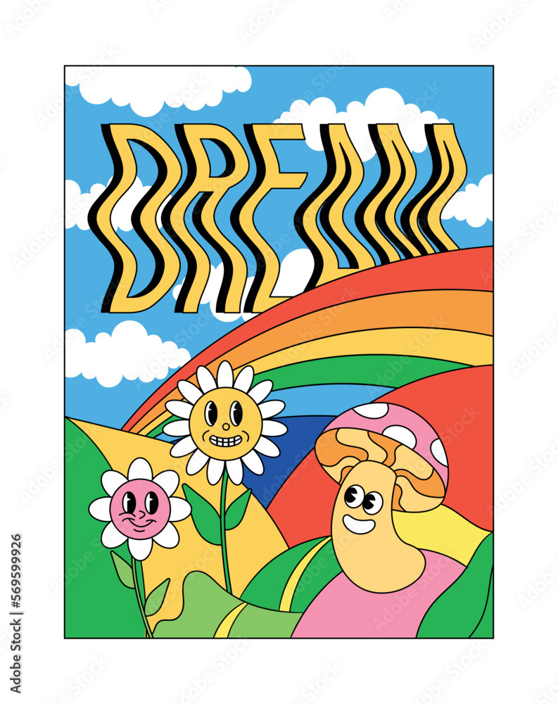 Psychedelic dream concept. Flowers and mushrooms on rainbow ...