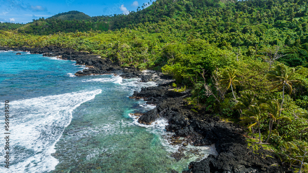 Aerial of the volcanic south coast, Taveuni, Fiji, South Pacific ...