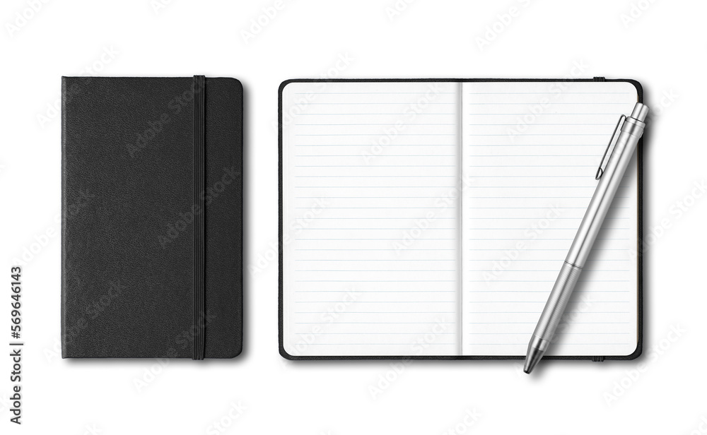 Black closed and open lined notebooks with a pen isolated on ...