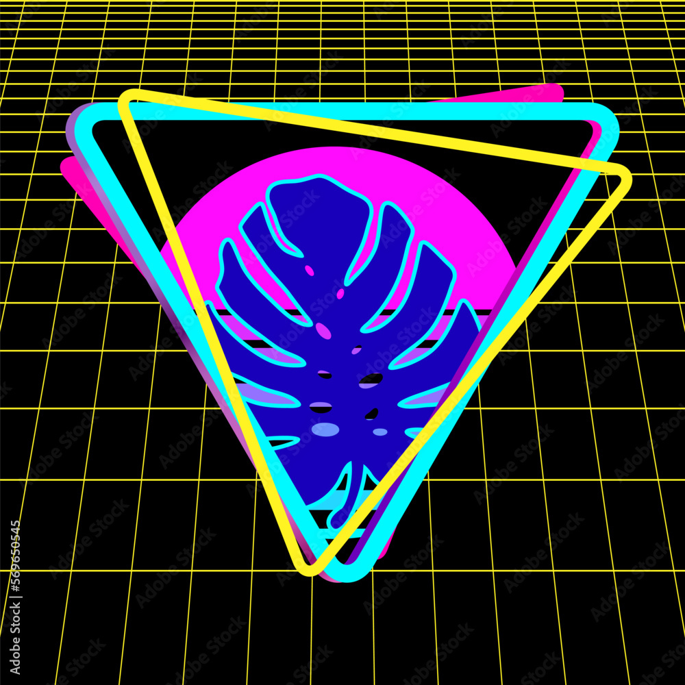 Triangle logo with monstera leaf silhouettes, cyber laser grid on black ...