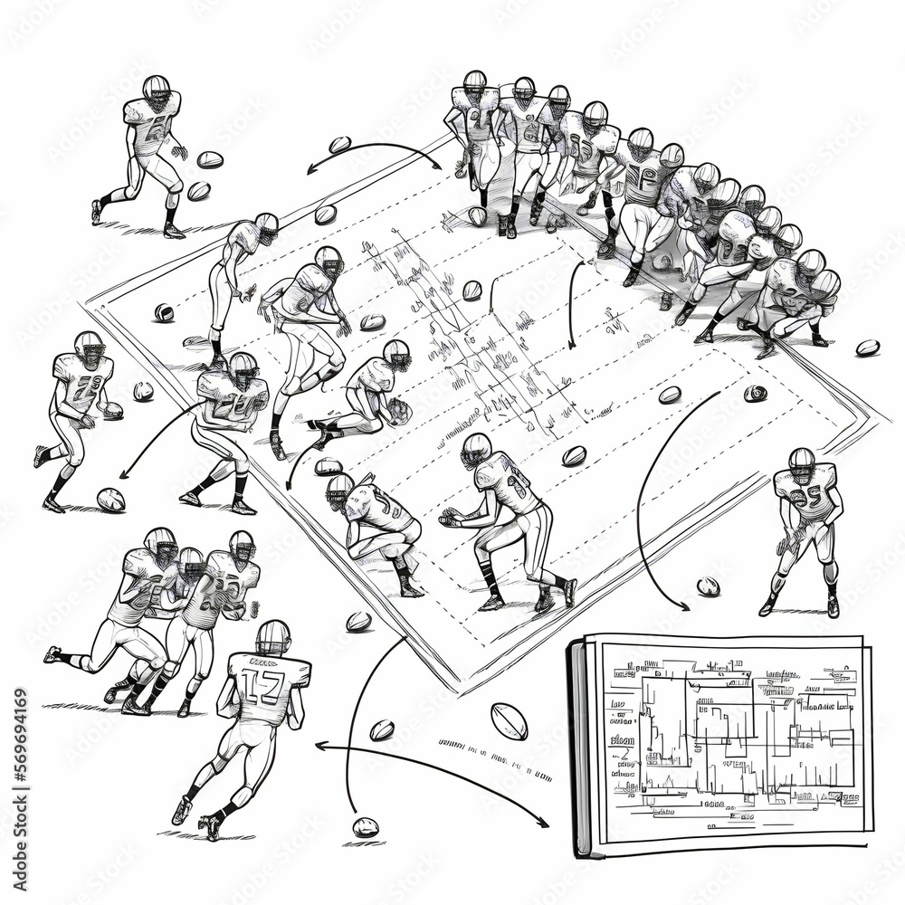 A pencil sketch style American football game tactics sheet with the ...