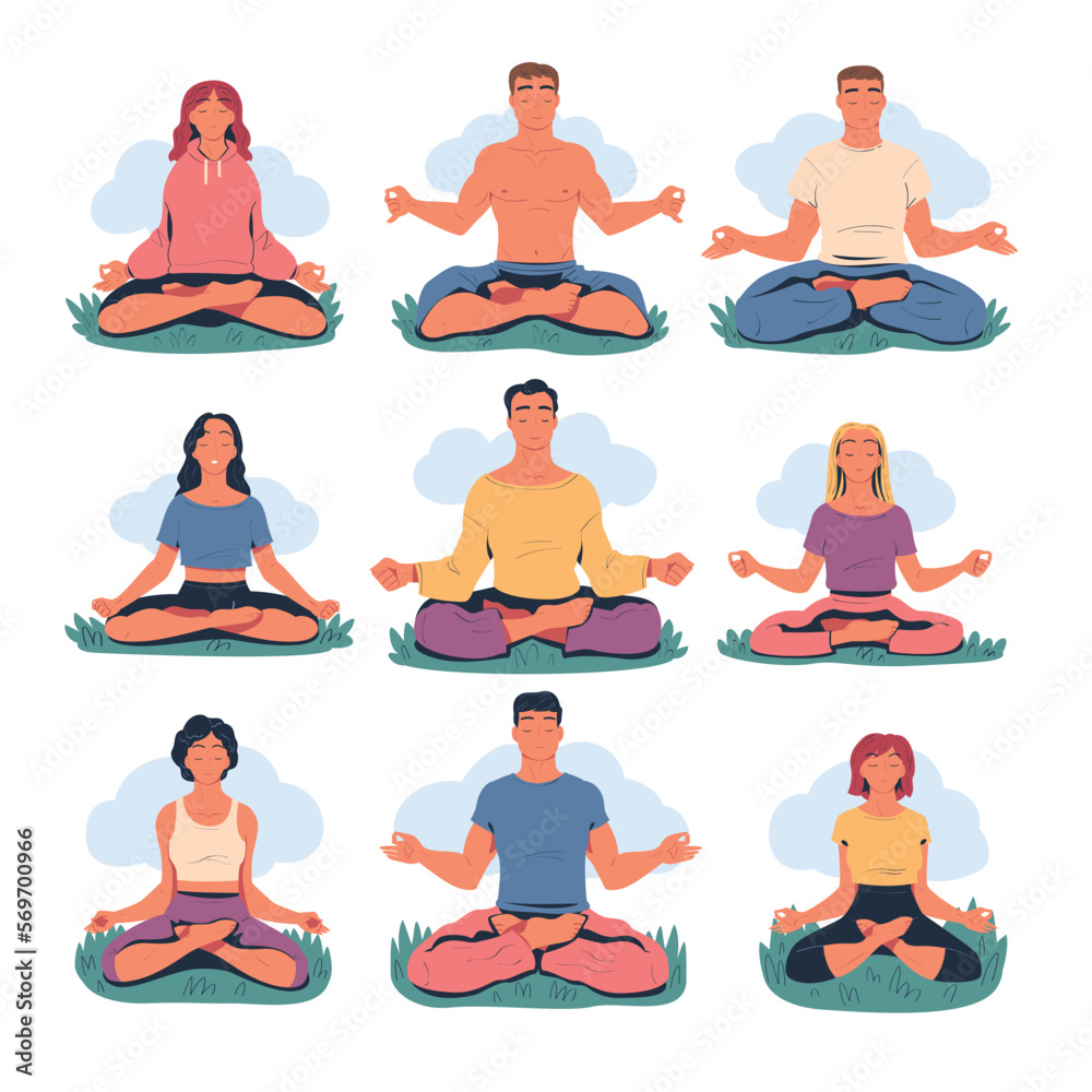 Tranquil calm people meditating on nature set. Meditation practice ...