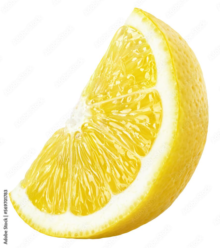 Ripe wedge of yellow lemon citrus fruit stand isolated on transparent ...