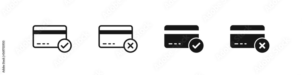 Money card icon. Payment cancel, done symbol. Check mark credit signs ...