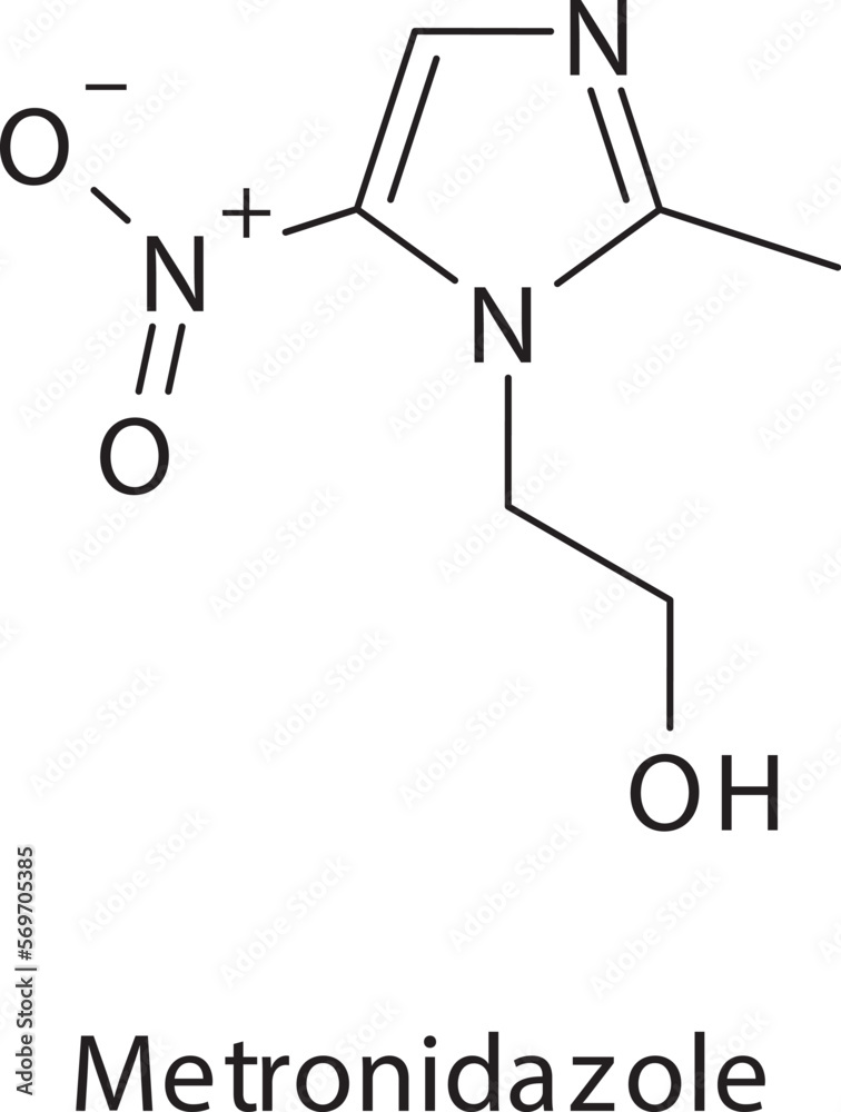 Metronidazole flat skeletal molecular structure Nitroimidazole derivative antibiotic drug used ...