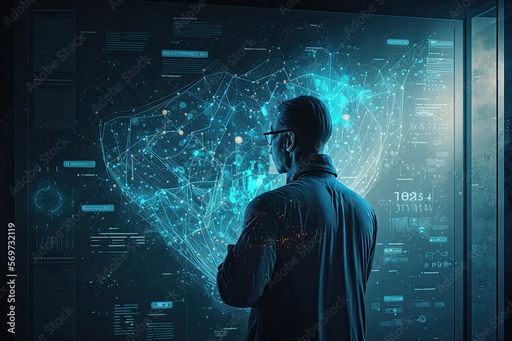 Data scientist querying, analysing and visualizing complex data set on virtual screen. Data flow ...
