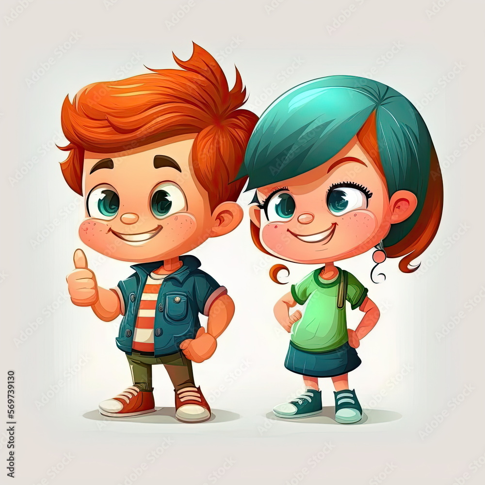 Thumb up signal, boy and girl cartoon character, vector illustration ...