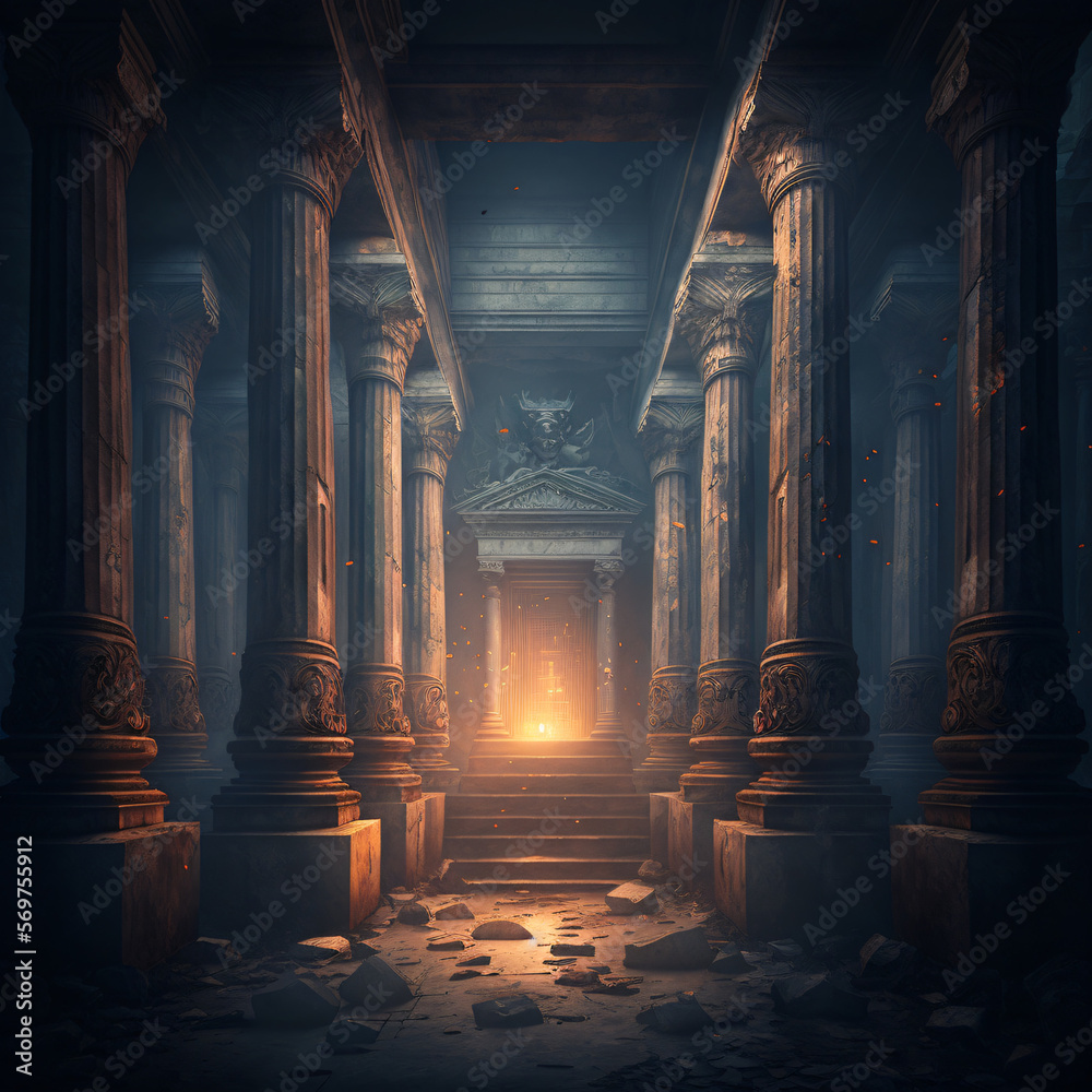 ancient temple chamber full of columns with a light fire at the center ...