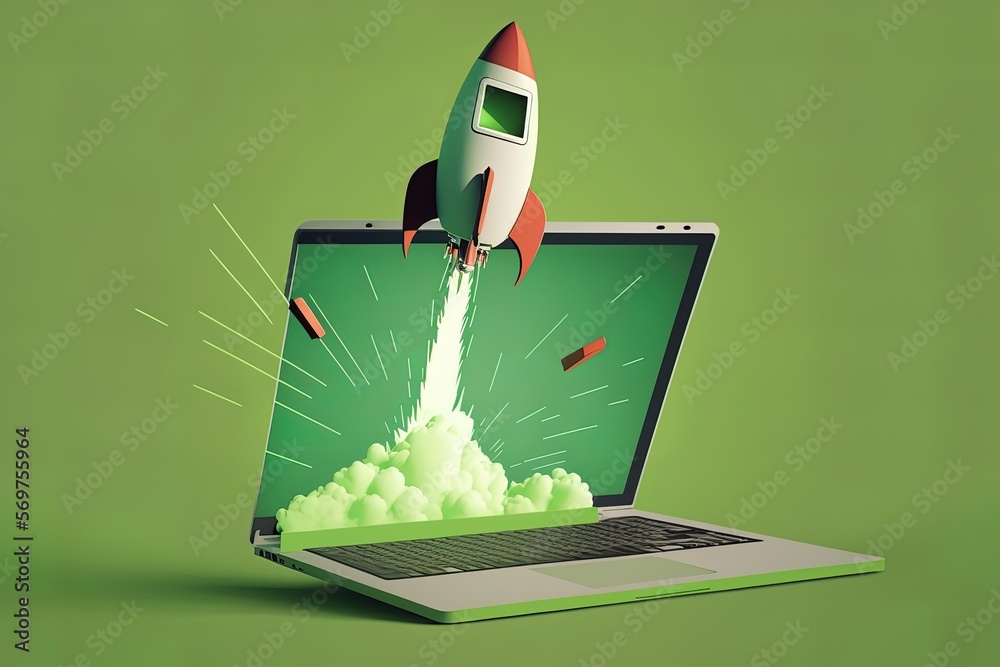 Rocket coming out of laptop screen, green background. AI digital illustration concept of ideas ...