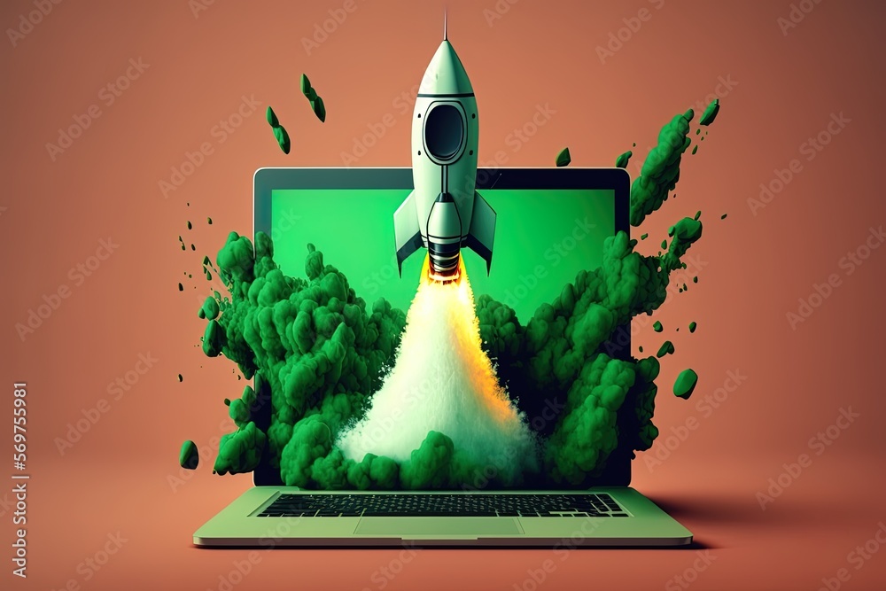 Rocket coming out of laptop screen, green background. AI digital illustration concept of ideas ...
