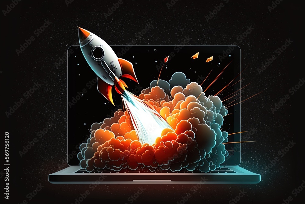 Rocket coming out of laptop screen, black background. AI digital illustration concept of ideas ...