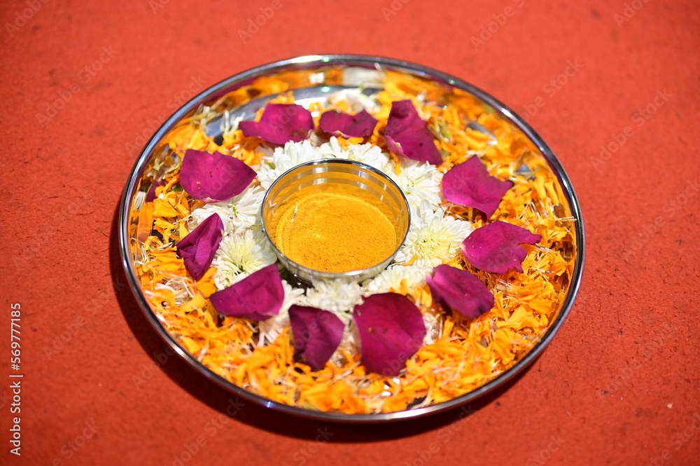 Plate with Turmeric Powder for Hindu Ceremony. Bowl and Petals. Haldi ...