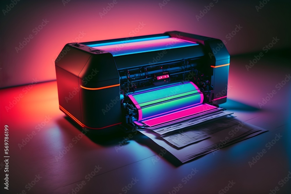 Stock-Illustration „Futuristic printer printing digital paper, studio ...
