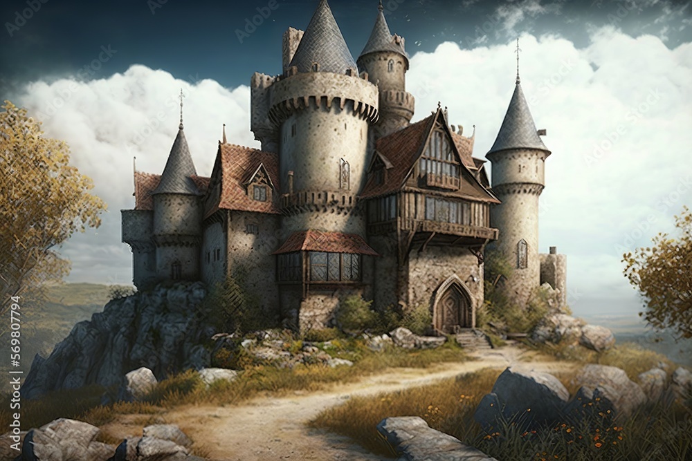 Big medieval castle on a cliff with bastion, towers and gate Stock ...