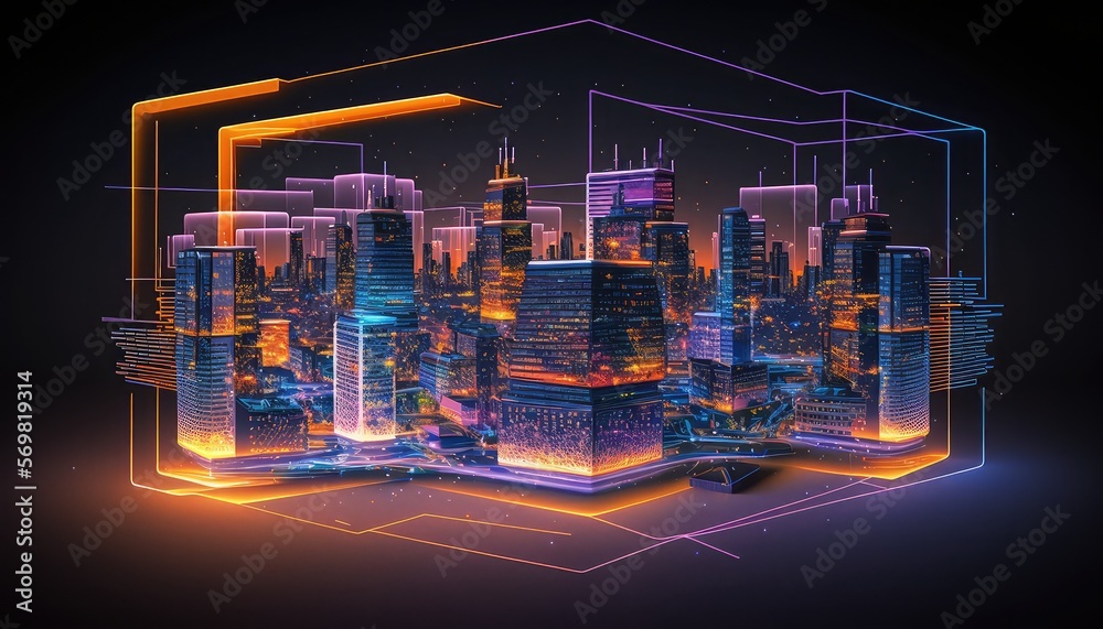 Futuristic infrastructure of a smart night city. Blue neon colors ...