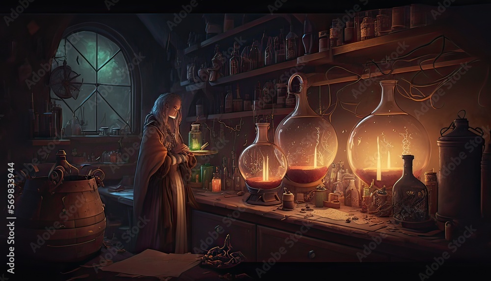 Mysterious alchemist mixing potent elixirs in her lab. The setting is a ...