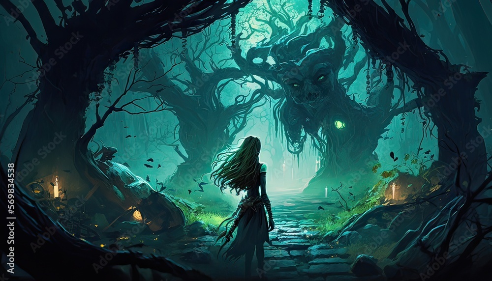 Evil enchantress trapping a prince in a spell. The landscape is a dense ...