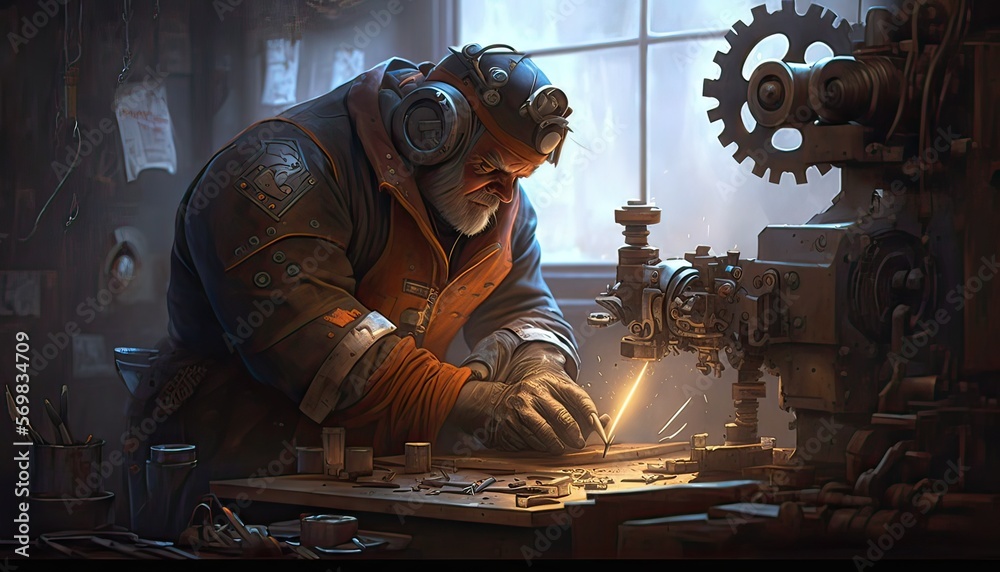 Ilustração Dwarf engineer building a powerful siege weapon. The setting ...