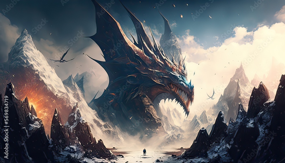 Gargantuan dragon hoarding a pile of treasure. The background is a ...