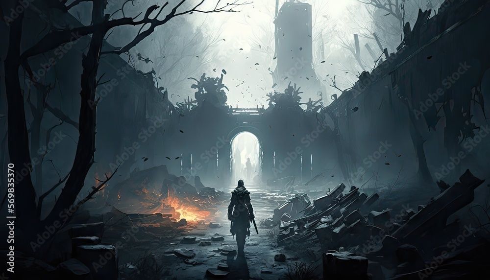 Orc warlord leading his horde into battle. The environment is a vast ...