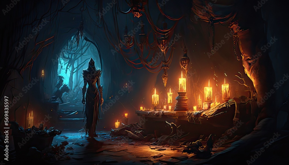 Dark sorcerer summoning a powerful demon. A dimly-lit chamber filled ...