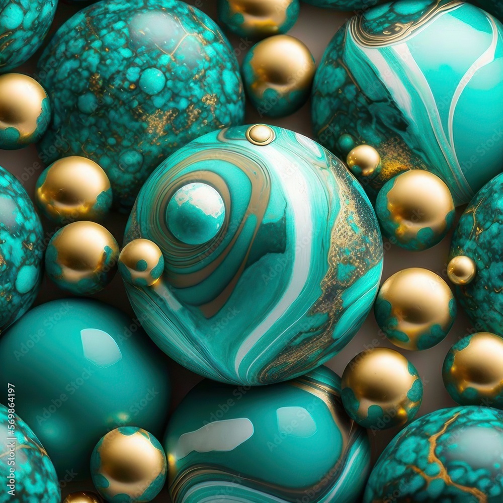 Abstract background with marbled spheres. Green and gold luxury marble ...