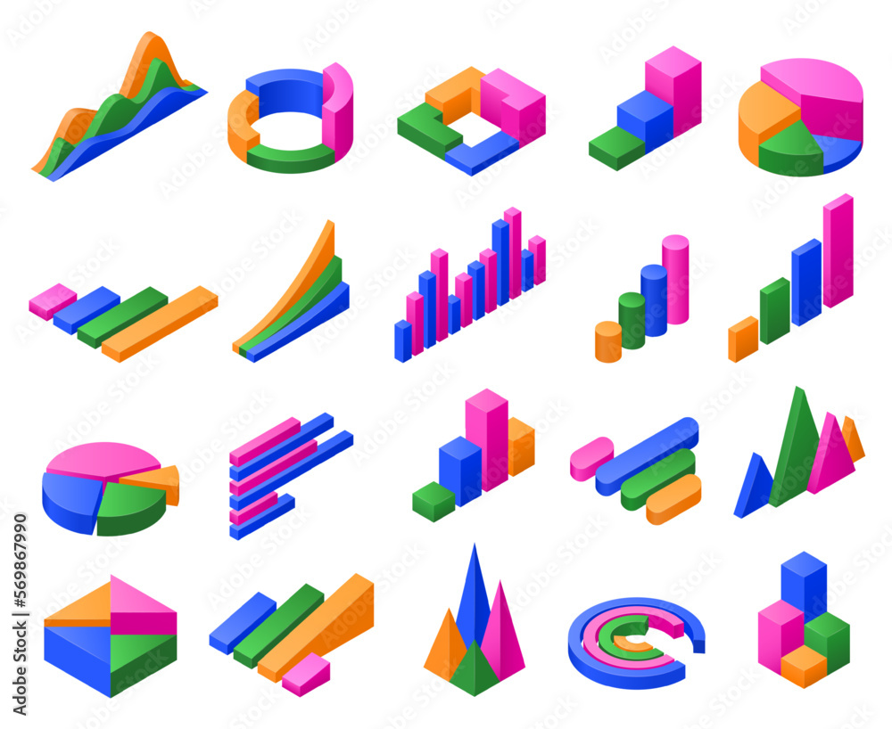 Isometric charts. Infographic 3D diagram, color chart graphs for ...