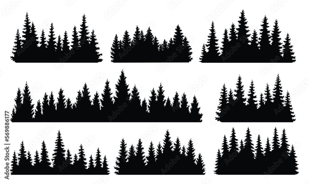 Fir trees silhouettes set. Coniferous spruce horizontal background ...