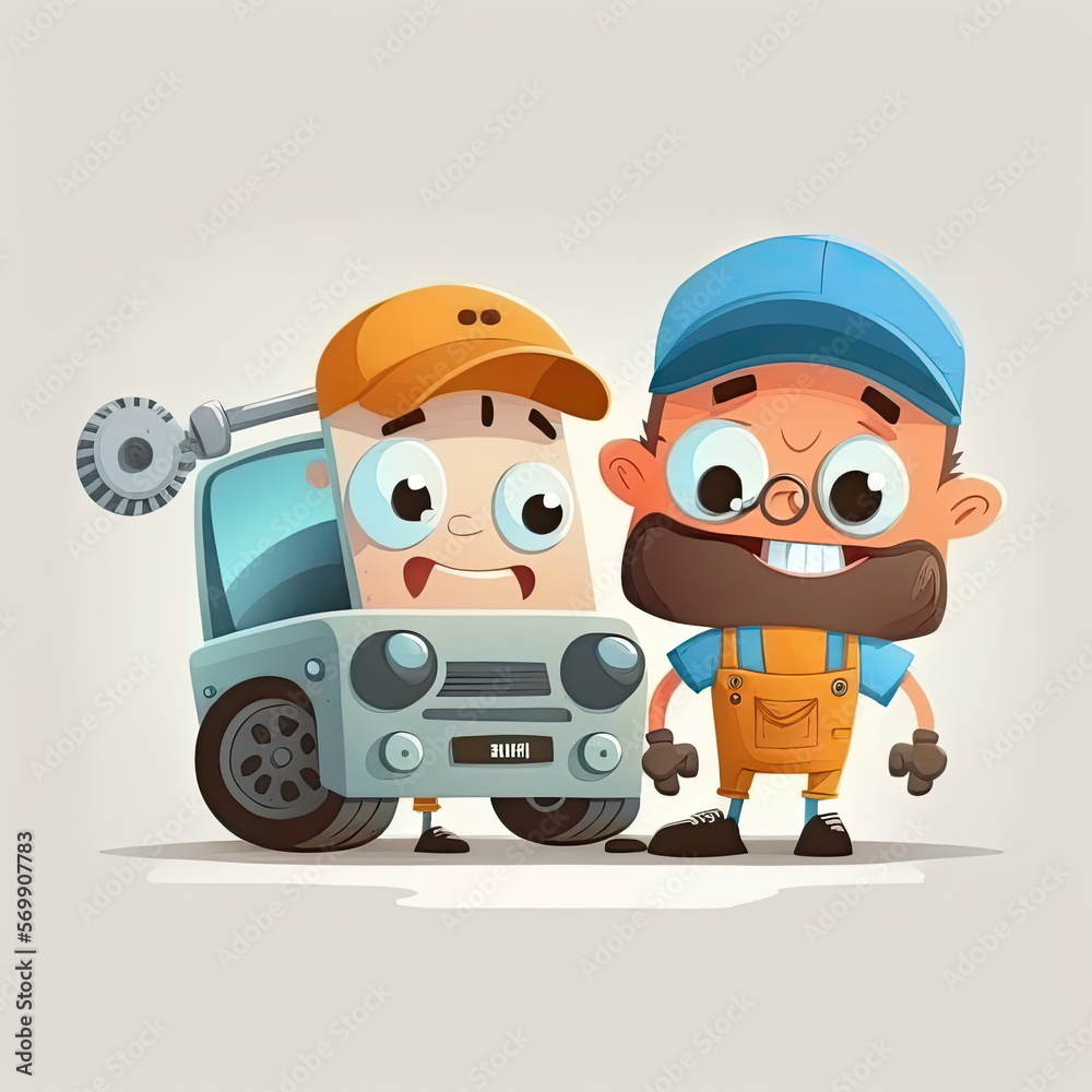 mechanic repairing car, cartoon character, holding a repair tool, car ...