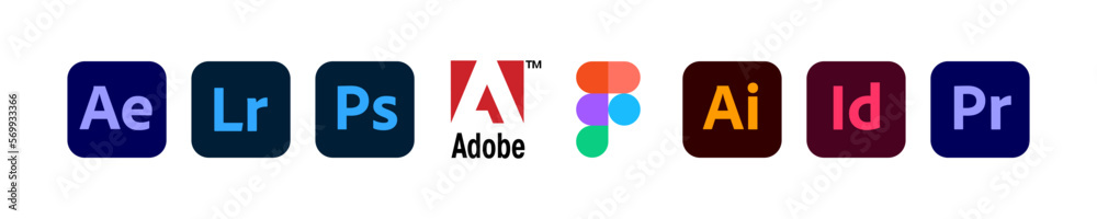 Adobe company app logo. Photoshop, premiere pro, figma, illustrator, after effects, lightroom ...