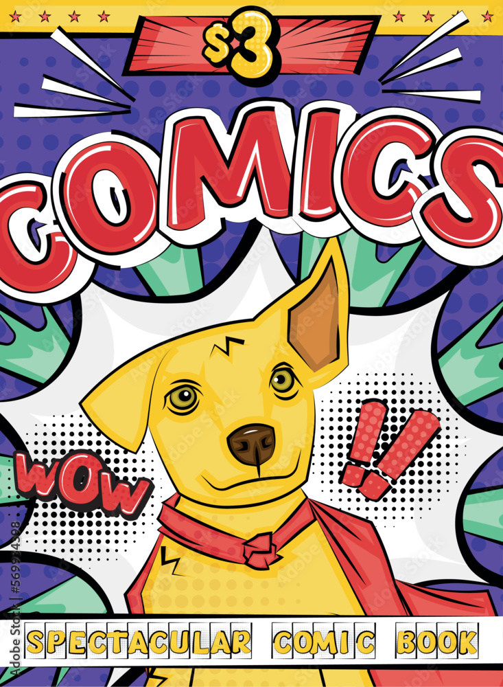 Colored comic cover page with a dog superhero Vector illustration Stock ...