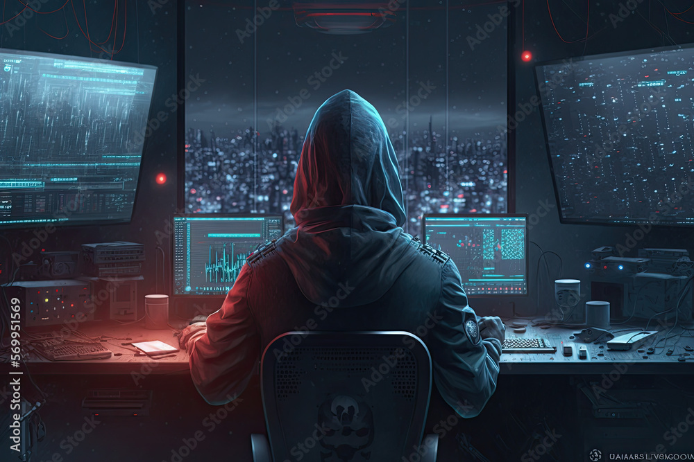 hacker with hood hacking into computer system, conducting corporate espionage, stealing through ...