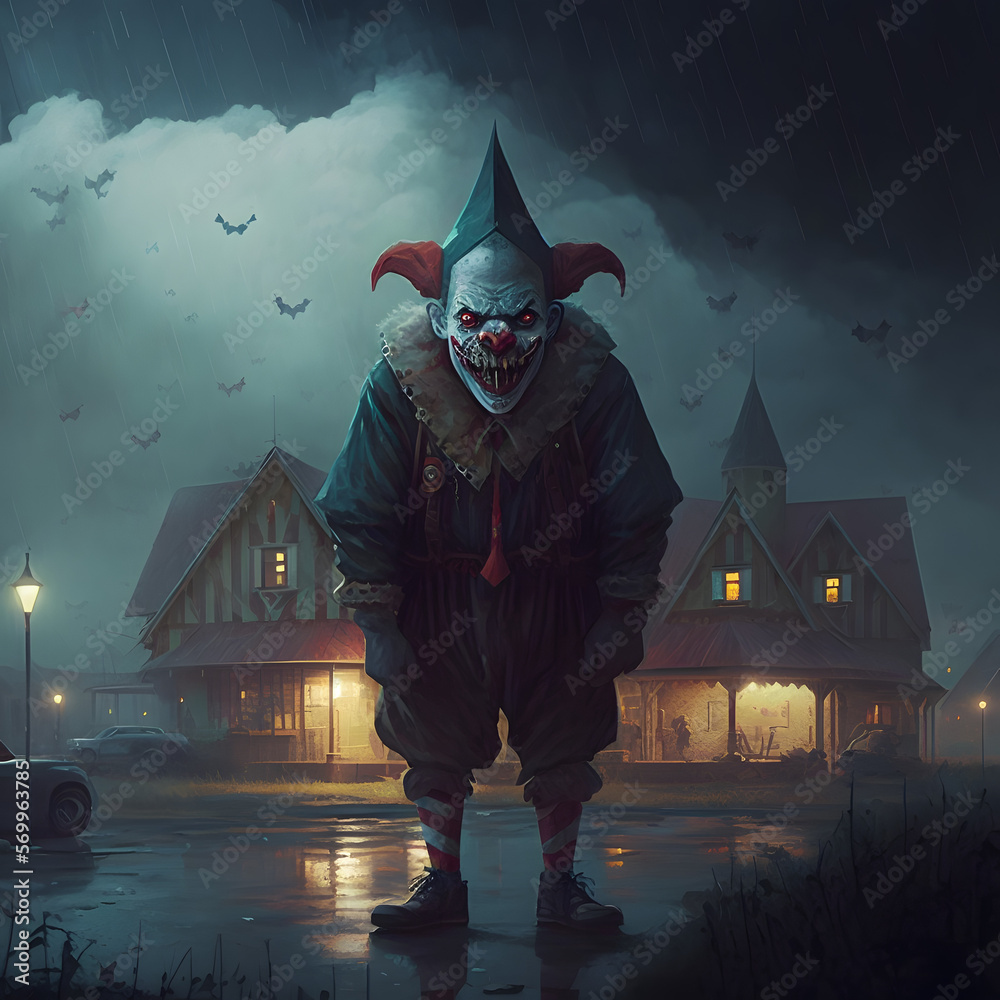 an illustration of a creepy menacing clown who is terrorizing the town ...