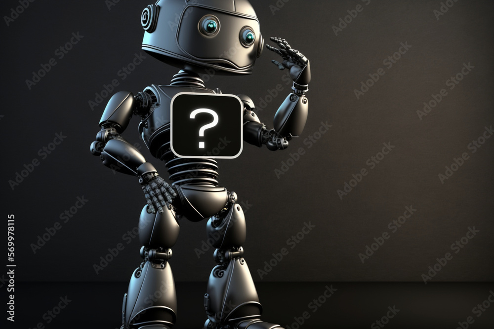 AI futuristic robot standing with questioning expression and a question ...