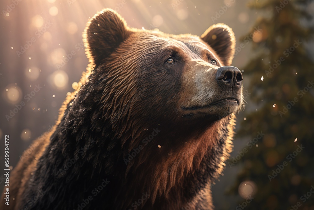 a photo-realistic grizzly bear portrait illustration with depth of field and beautiful bokeh in ...