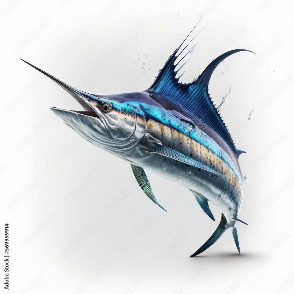 Detailed illustration of a blue marlin swordfish jumping out of the ...