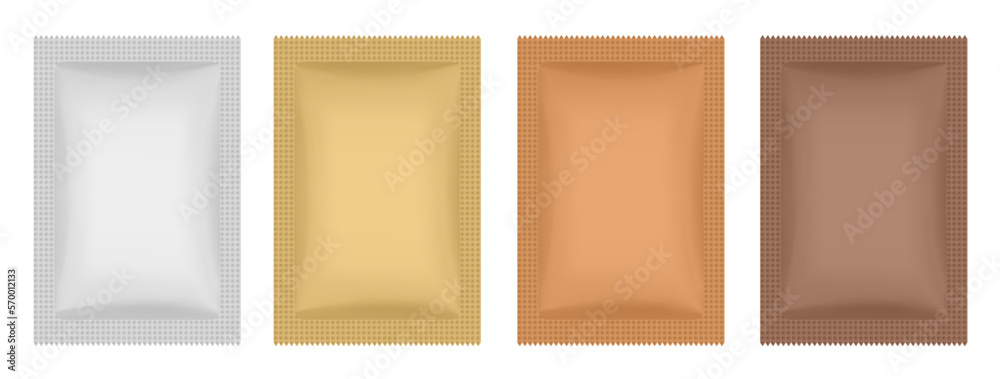 Set of foil sachets or pouches. Vector bags mockup, wet wipes paper or ...