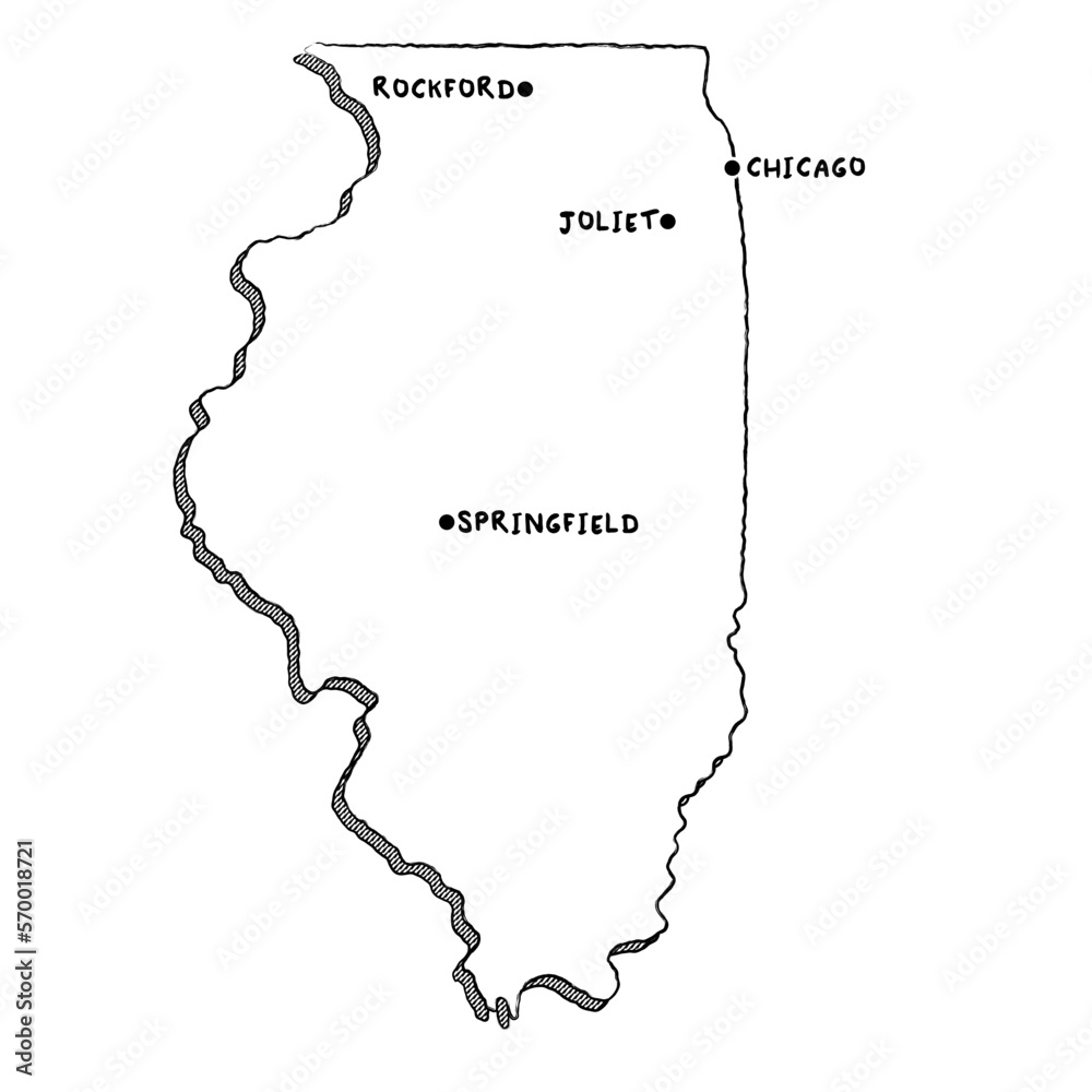 Vector hand drawn map of Illinois IL with main cities. US States black ...