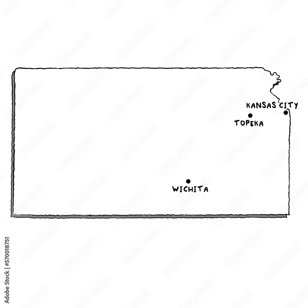 Vector hand drawn map of Kansas KS with main cities. US States black ...