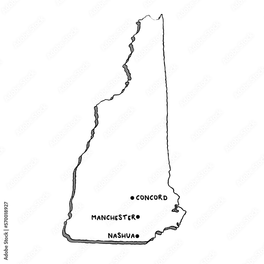 Vector hand drawn map of New Hampshire NH with main cities. US States ...