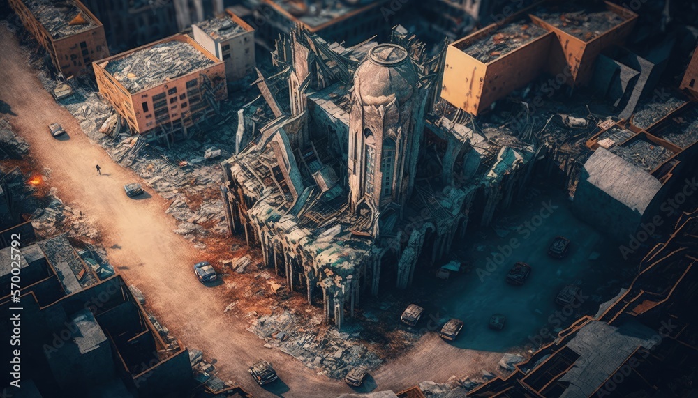 City drone view with collapsed and destroyed buildings, post ...