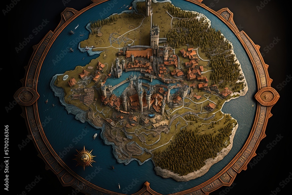 Medieval kingdom 3D round map, volumetric city map of the middle ages ...