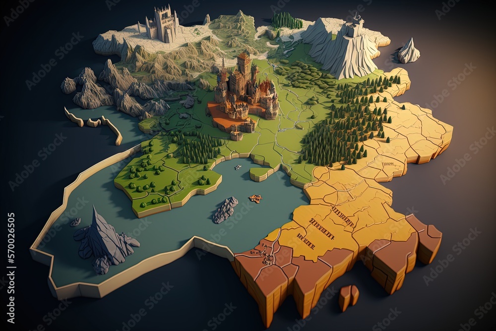 Medieval kingdom 3D map, Middle age kingdom volumetric map with ...